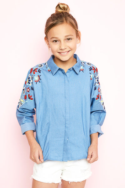Girls' Embroidered Button Up Shirt | Cute Girls' Clothes – Hayden Girls