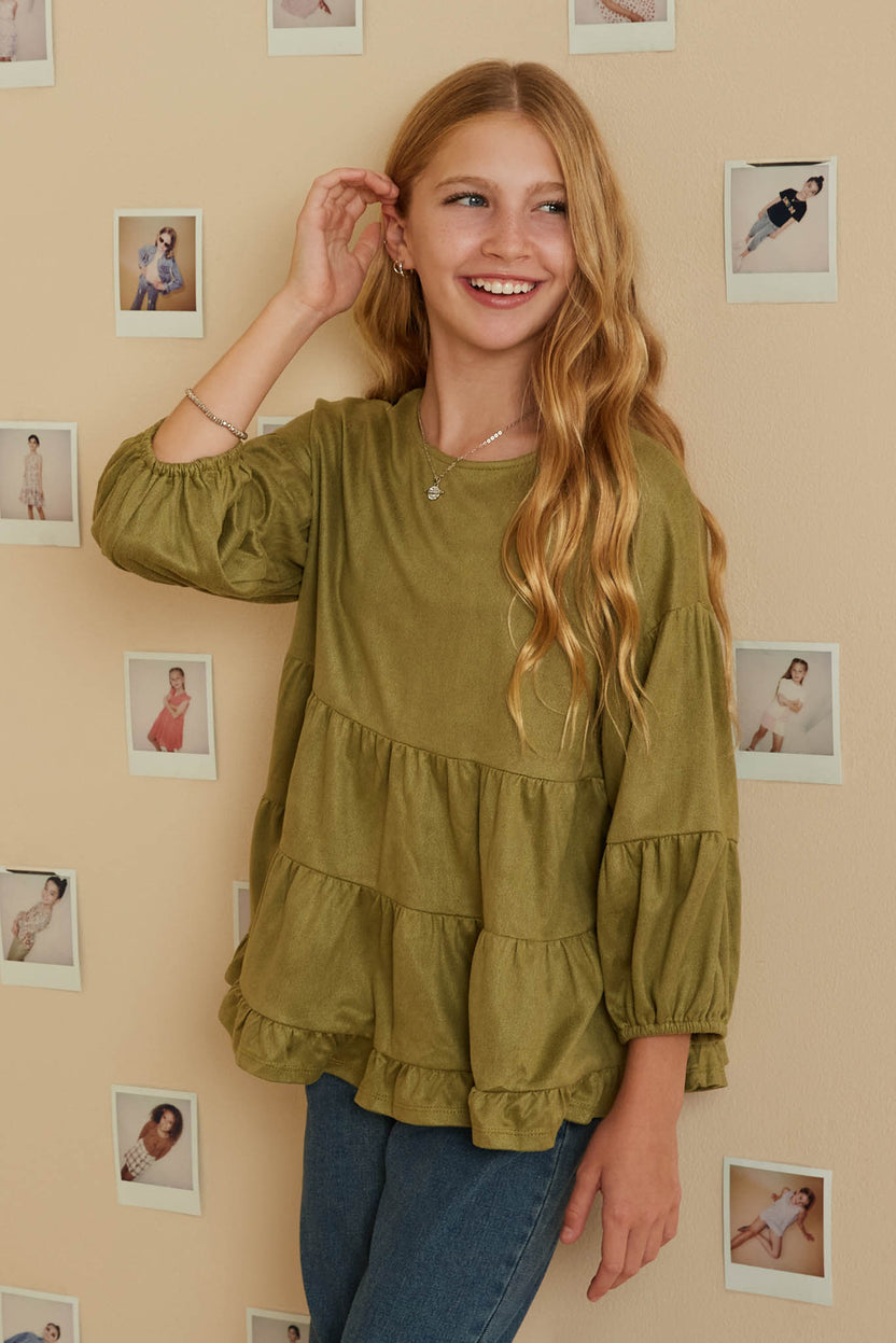 Girls Suede Tiered Puff Sleeve Top | Cute Girls' Clothes – Hayden Girls